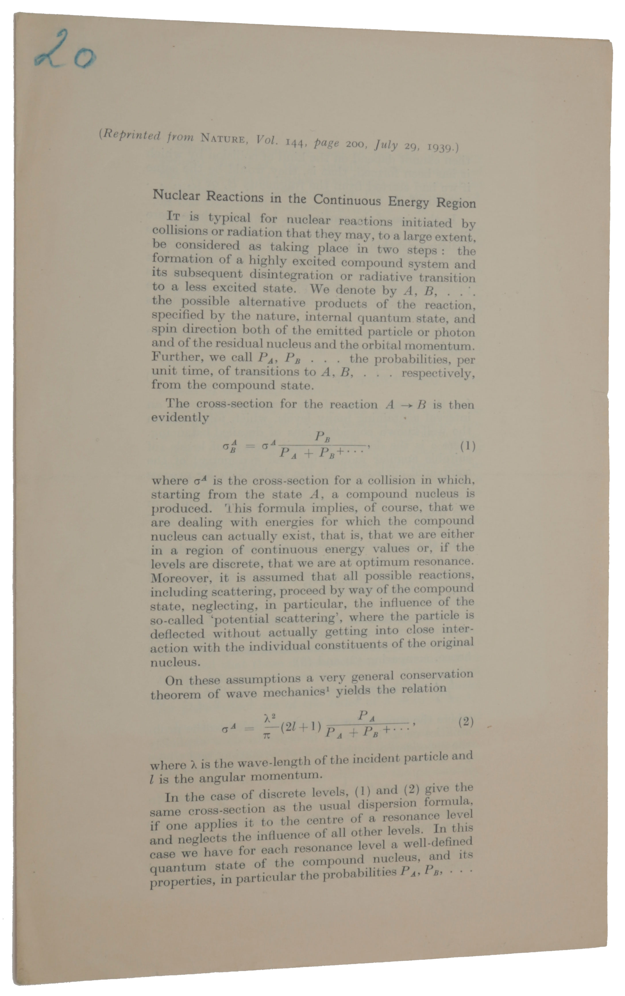 Nuclear reactions in the continuous energy region. Offprint from Nature ...